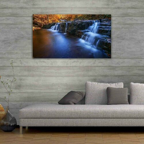 Картина на холсте 60x110 LinxOne "Поток лес водопад осень" интерьерная для дома / на стену / на кухню / с подрамником