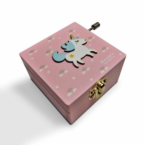Музыкальная деревянная шкатулка-шарманка Единорог розовая