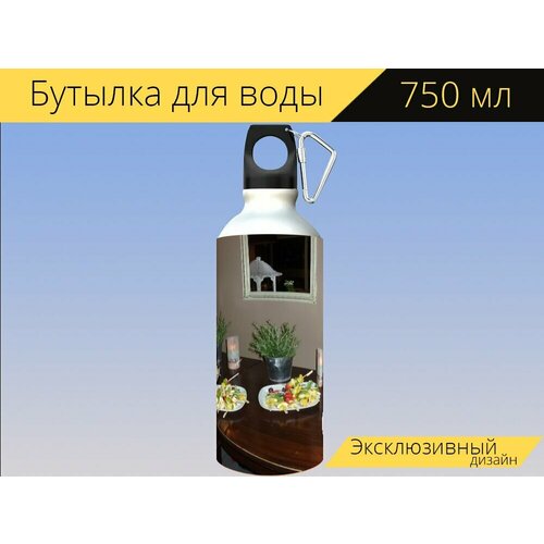 Бутылка фляга для воды "Шоколадный фонтан, свадьба, фруктовые палочки" 750 мл. с карабином и принтом