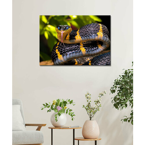 Картина - змея, тёмная змея, жёлтые полосы, язык змеи (73) 20х30