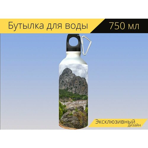 Бутылка фляга для воды "Горы, деревья, дома" 750 мл. с карабином и принтом