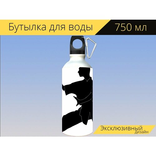 Бутылка фляга для воды "Силуэт, кунг фу, ушу" 750 мл. с карабином и принтом