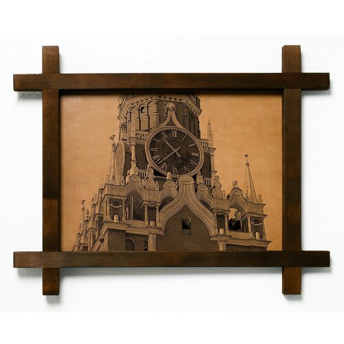 Картина Спасская башня, гравировка на натуральной коже, интерьерная для украшения и декора на стену в деревянной раме, подарок, BoomGift