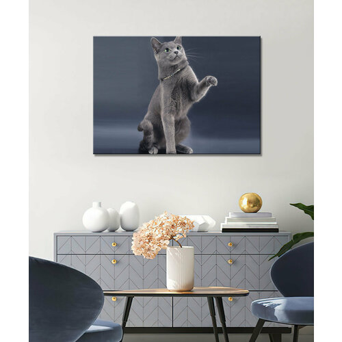 Картина - кошка, русская голубая кошка, домашняя кошка, ласковая кошка, короткошерстная кошка, кот (75) 50х70