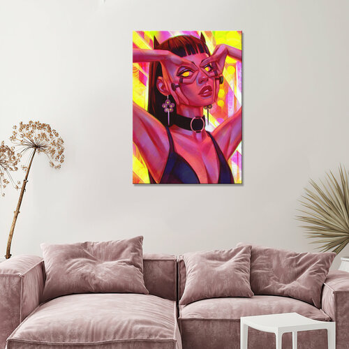 Интерьерная картина на холсте - Розовая девушка-демон жёлтый фон 20х30