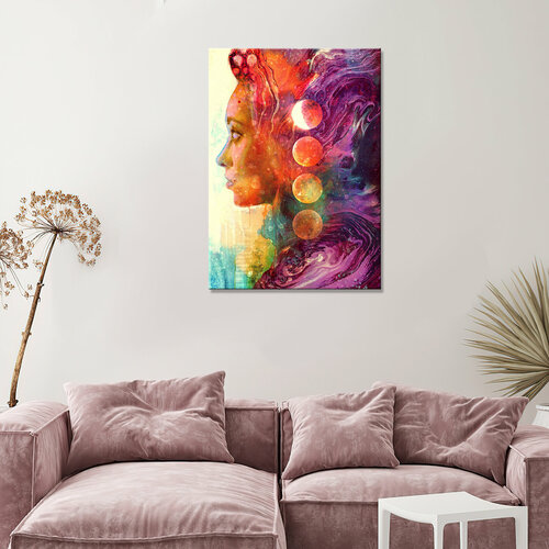Интерьерная картина на холсте - Девушка яркими красками в тёплых оттенках 60х80