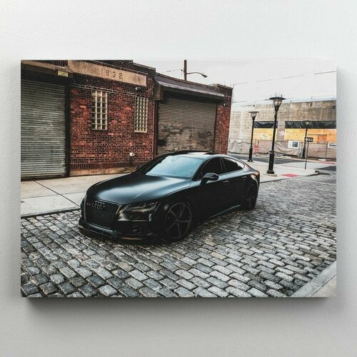 Интерьерная картина на холсте "Черный автомобиль - Audi RS7 на брусчатке" размер 30x22 см