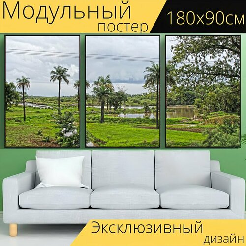 Модульный постер "Тропический пейзаж, пальмы, ручей" 180 x 90 см. для интерьера