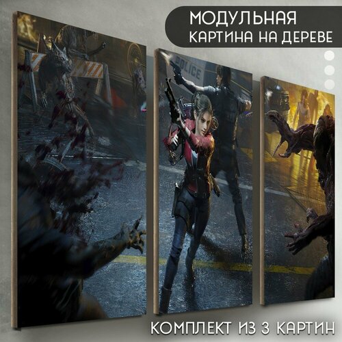 Модульная картина на дереве "игры Resident evil 2 remake (обитель зла, резидент ремейк, хоррор, Клэр Редфилд) - 6314"