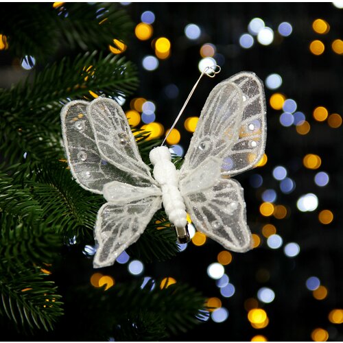 Новогодняя декорация Бабочка 12 см х 11 см цвет белый