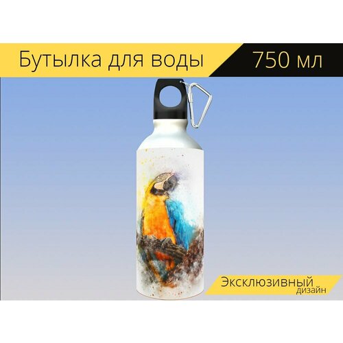 Бутылка фляга для воды "Птица, попугай, цвет" 750 мл. с карабином и принтом