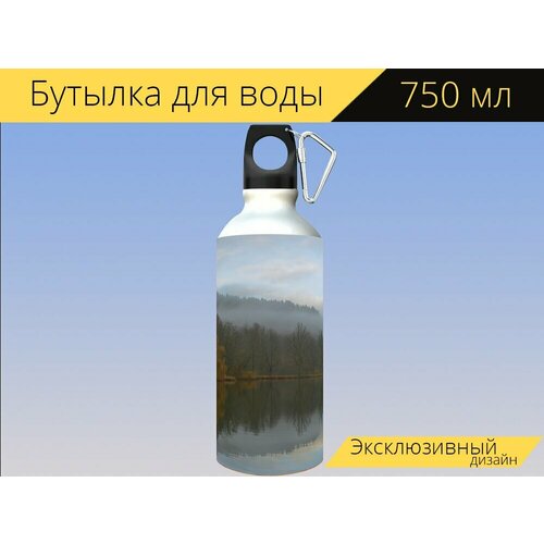 Бутылка фляга для воды "Завтра, туман, озеро" 750 мл. с карабином и принтом