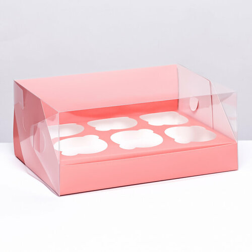 UPAK LAND Кондитерская складная коробка для 6 капкейков 23,5 х 16 х 10 , Розовая