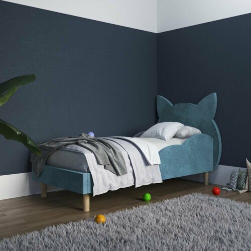 Детская кровать мягкая с ушками и бортиками 70x200 Китти цвет Синий
