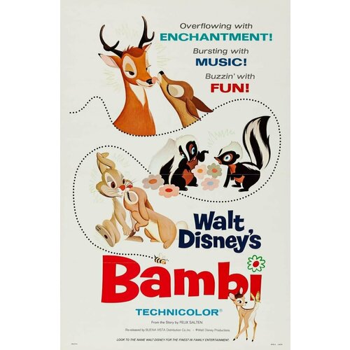 Плакат, постер на бумаге Бэмби (Bambi, 1942г). Размер 21 х 30 см