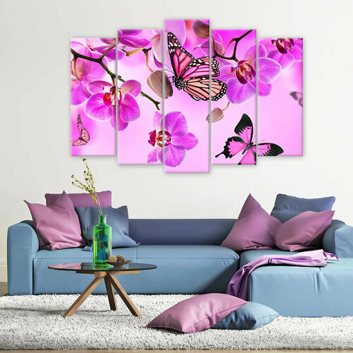 Модульная картина на холсте/Орхидея и бабочка 150х100