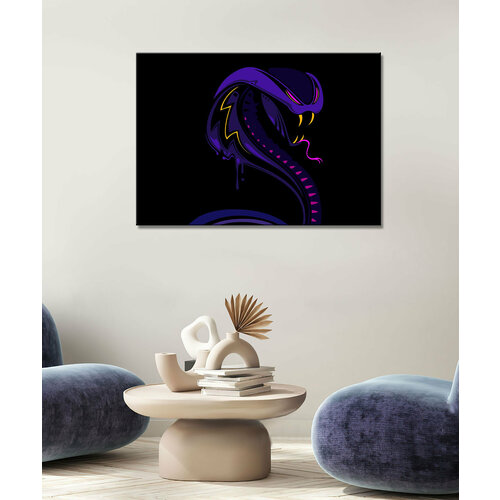 Картина - змея, арт, минимализм, фиолетовая змея, токсичная змея, клыки змеи (127) 20х30