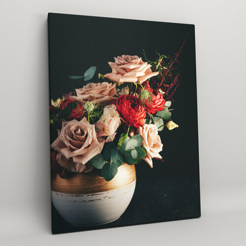 Картина на холсте (интерьерный постер) "Натюрморт ваза с розами" цветы и растения, с деревянным подрамником, размер 45x60 см