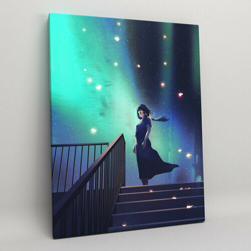 Картина на холсте (интерьерный постер) "Девушка в очках на фоне ночного неба", с деревянным подрамником, размер 22x30 см