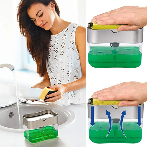 Диспенсер-дозатор для жидкого мыла и моющего средства, с держателем губки