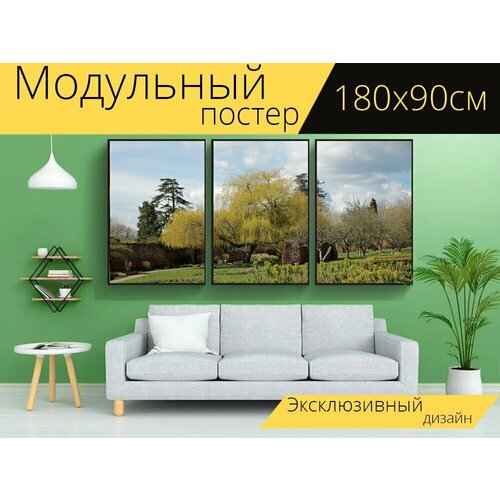 Модульный постер "Дерево ивы, английский сад, ива" 180 x 90 см. для интерьера