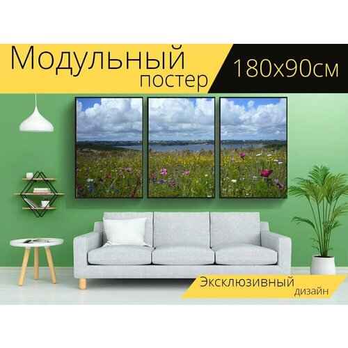 Модульный постер "Пейзаж, цветок, летний луг" 180 x 90 см. для интерьера