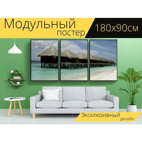 Модульный постер "Бунгало на пляже, романтичный, летом" 180 x 90 см. для интерьера