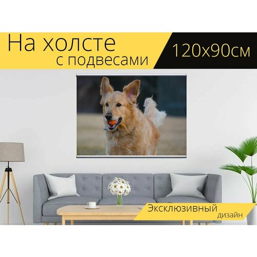 Картина на холсте "Собака, золотистый ретривер, золотой" с подвесами 120х90 см. для интерьера