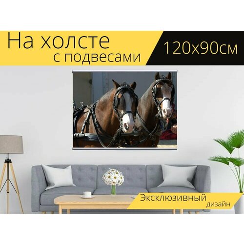 Картина на холсте "Лошади, лошадь, лошадиная голова" с подвесами 120х90 см. для интерьера