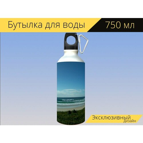 Бутылка фляга для воды "Пляж тугун, волны, голд кост" 750 мл. с карабином и принтом