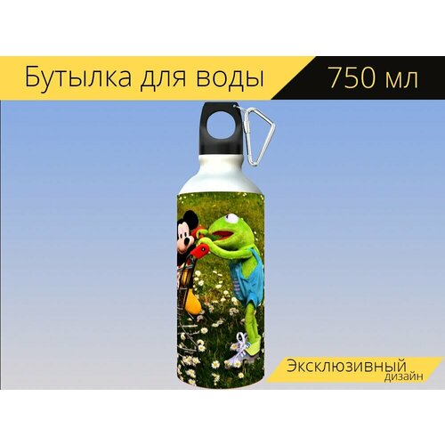 Бутылка фляга для воды "Кермит, лягушка, микки маус" 750 мл. с карабином и принтом