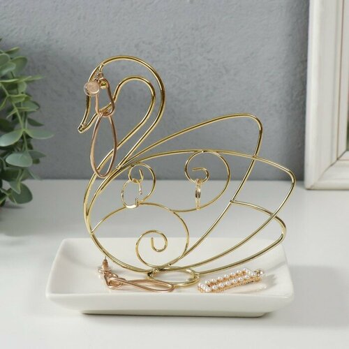 Сувенир керамика, металл подставка "Лебедь" белый с золотом 15,5х10,5х15,3 см (комплект из 2 шт)