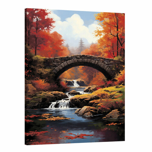 Интерьерная картина 50х70 "Пейзаж с каменным мостом и осенними деревьями"