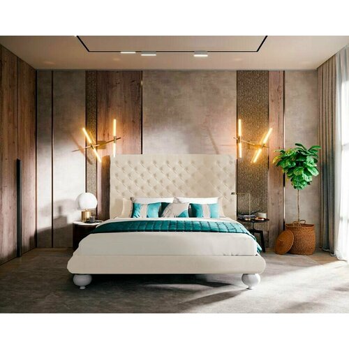 Двуспальная кровать 160x200, Grande Letto, с мягким изголовьем, с ящиком, велюр, слоновая кость