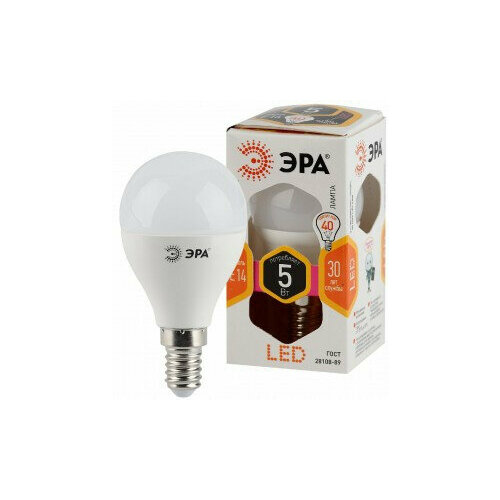 Светодиодная LED лампа ЭРА стандарт шар P45 E14 5W(400lm) 2700K 2K 90x45 P45-5W-827-E14 4731 (упаковка 16 штук)