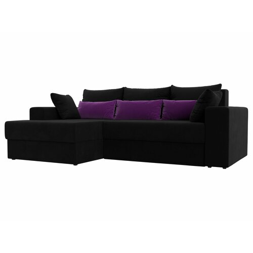 Угловой диван Майами левый угол, Микровельвет черный, подушки черн и фиолет