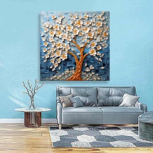 Интерьерная картина на холсте "Дерево с белыми цветами на голубом фоне" 40х40 см