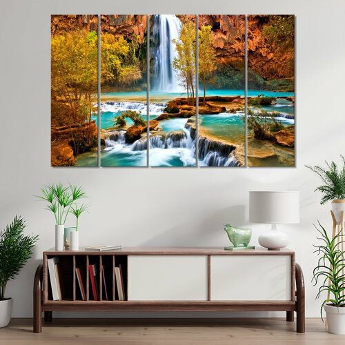 Модульная картина/Модульная картина на холсте/Модульная картина в подарок/осенний водопад - autumn waterfall 125х80