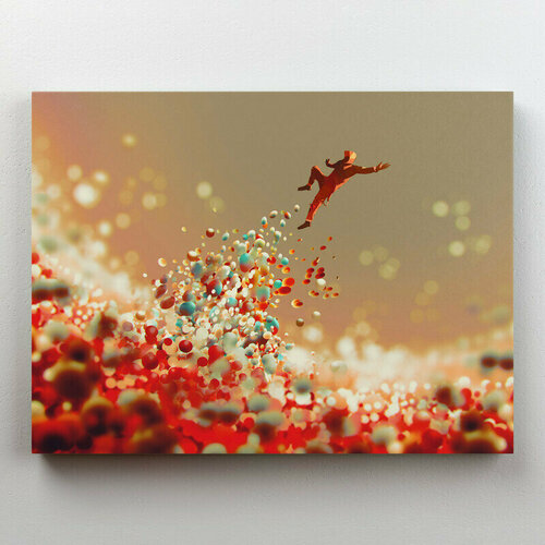 Интерьерная картина на холсте "Мужчина прыгает в цветных пузырях" размер 30x22 см