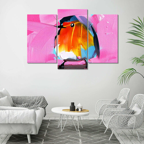 Модульная картина/Модульная картина на холсте/Модульная картина в подарок/снегирь на розовом-bullfinch on pink120х80