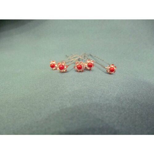 Декоративные шпильки - ромашки (стразы+ красная бусина), комплект 5 шпилек