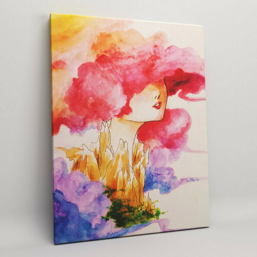 Картина на холсте (интерьерный постер) "Акварель - девушка в облаках", с деревянным подрамником, размер 45x60 см