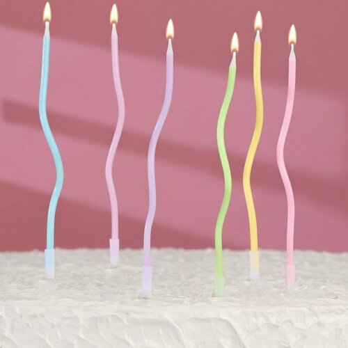 Свечи в торт коктейльные витые "С днем рождения", 6 шт, 16,5 см, разноцветные (комплект из 32 шт)