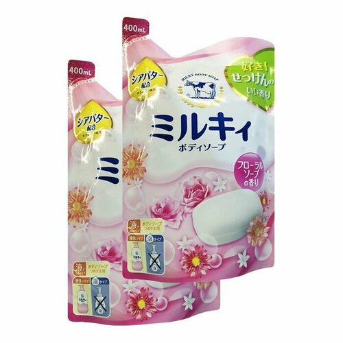 COW Brand "Milky" Жидкое мыло для тела c керамидами и молочными протеинами, цветы см/б 400 мл, 2 шт. в комплекте