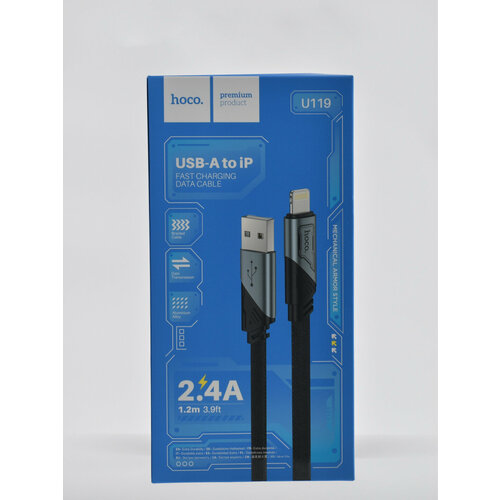 Нейлоновый+кабель+hoco+U119+USB-A+to+Type IP - черный