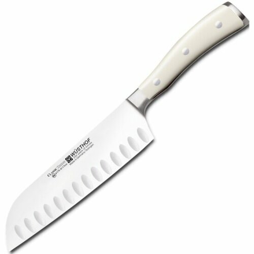 Нож кухонный Сантоку Wuesthof Ikon Cream White с углублениями на кромке, 17 см