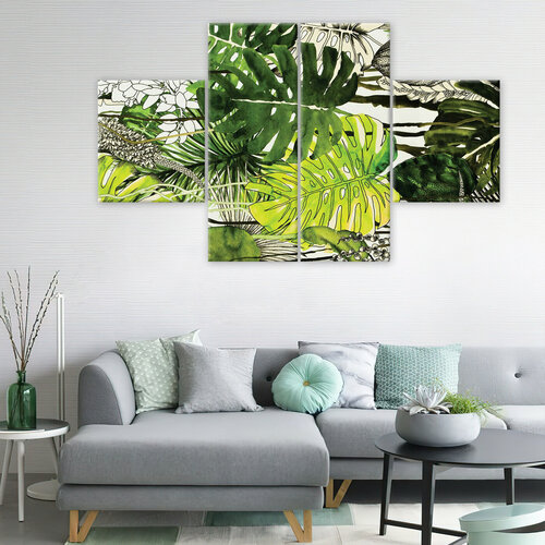 Модульная картина на холсте/Monstera leaves fresh art/Листья монстеры свежий арт 130х80