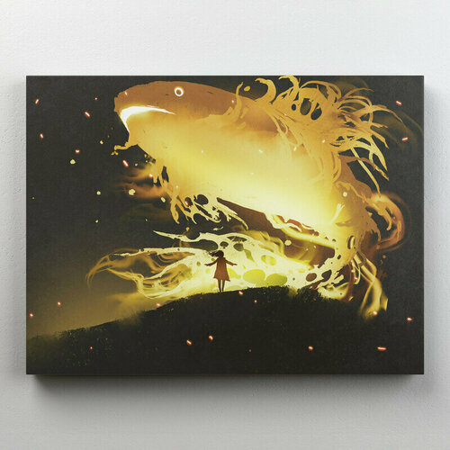 Интерьерная картина на холсте "Фантастическая золотая рыба плывёт в ночном небе" размер 30x22 см