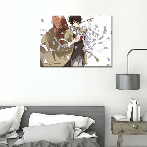 Интерьерная картина на холсте - Дазай в плаще под зонтом 50х70