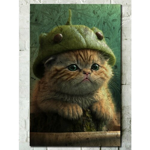 Картина интерьерная на рельефной доске ОСП милота кот в шапке лягушки - 7013